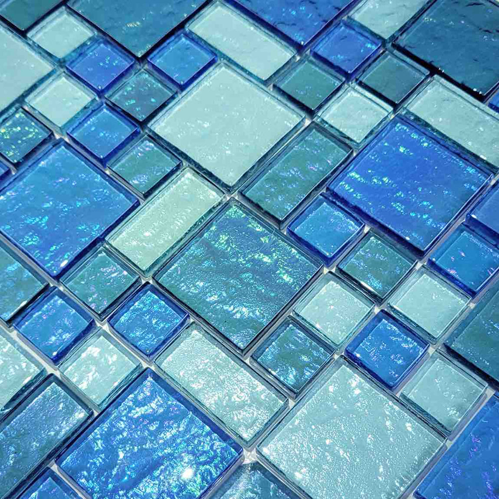 Iridescent Clear Glass Pool Tile Aqua Blend Mixed