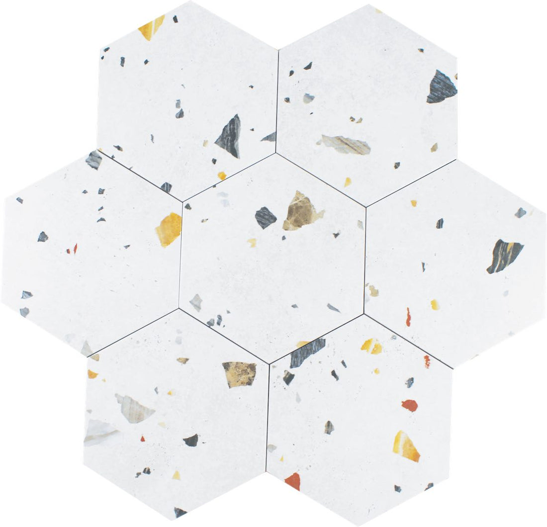 Terrazzo Look Hexagon Porcelain Tile 9x10 White Matte