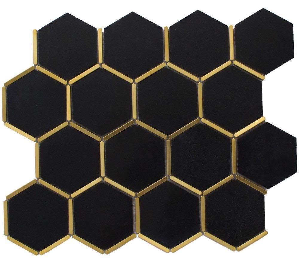 Black and Gold Hexagon Tile – Elegant Inlay Brass Design