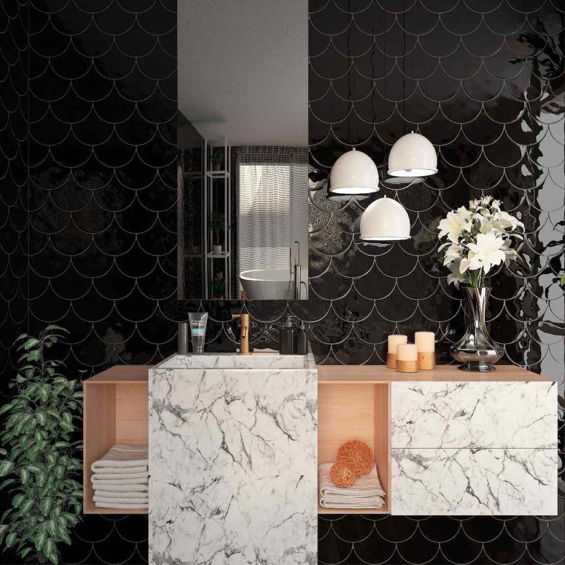 Fish Scale Wall Tile Glossy Black 6x7 | Mineral Tiles