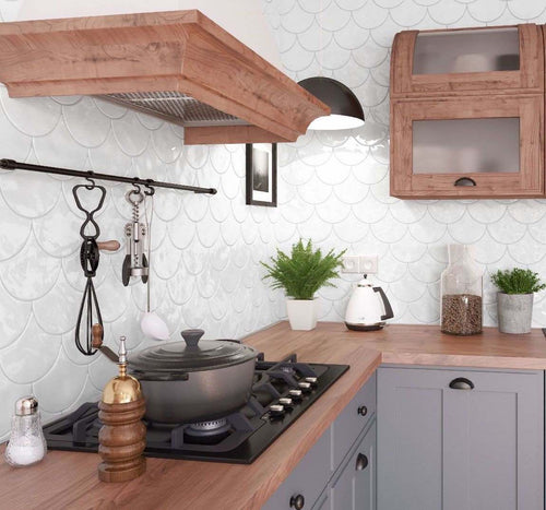 Fish Scale Wall Tile Glossy White 6x7 | Mineral Tiles