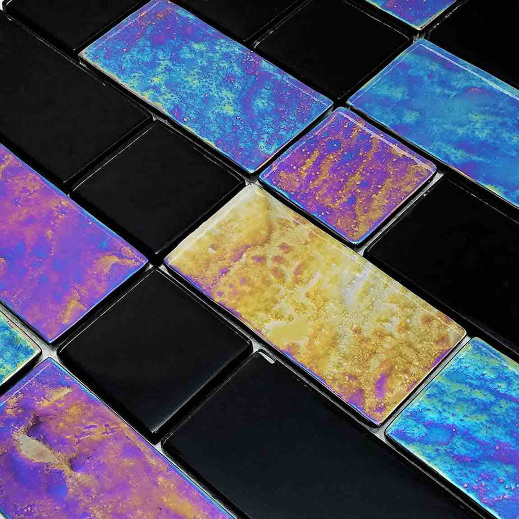 Iridescent Glass Mosaic Tile Sheen Black 1x2 | Mineral Tiles