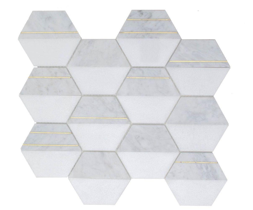 Inlay Brass Gold Hexagon Carrara Tile | Mineral Tiles