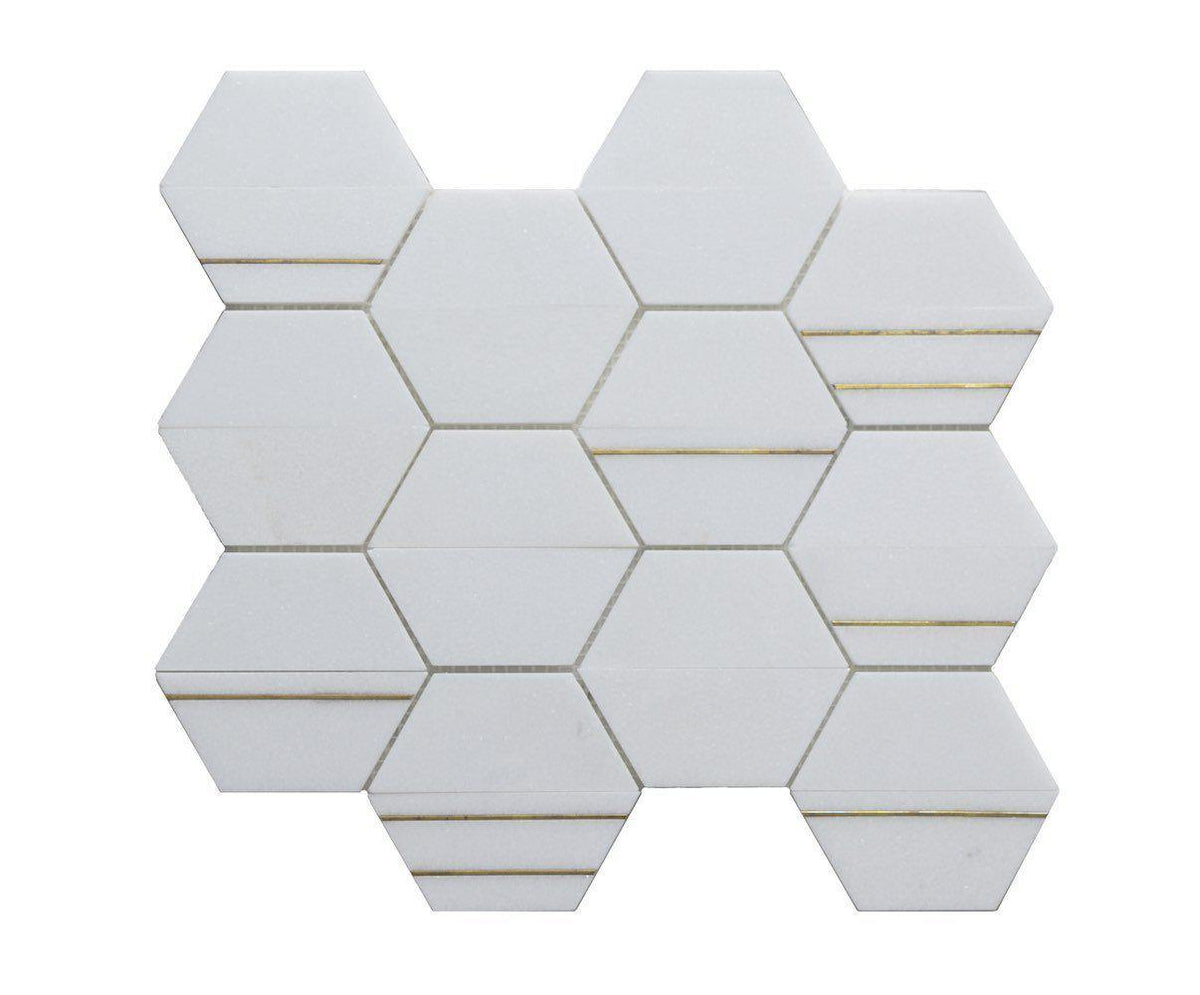 Inlay Brass Gold Hexagon Thassos Tile | Mineral Tiles