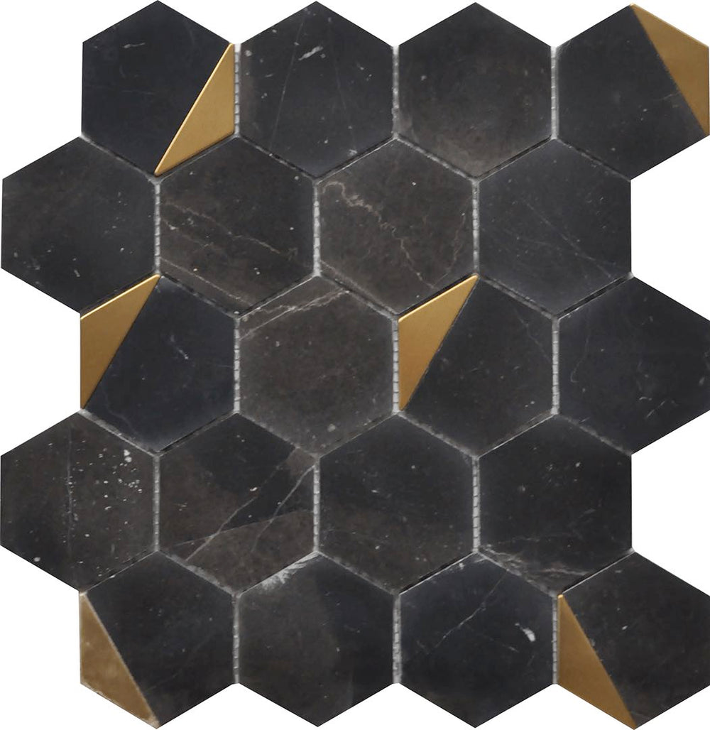 Inlay Brass Gold Nero Hexagon Tile | Mineral Tiles