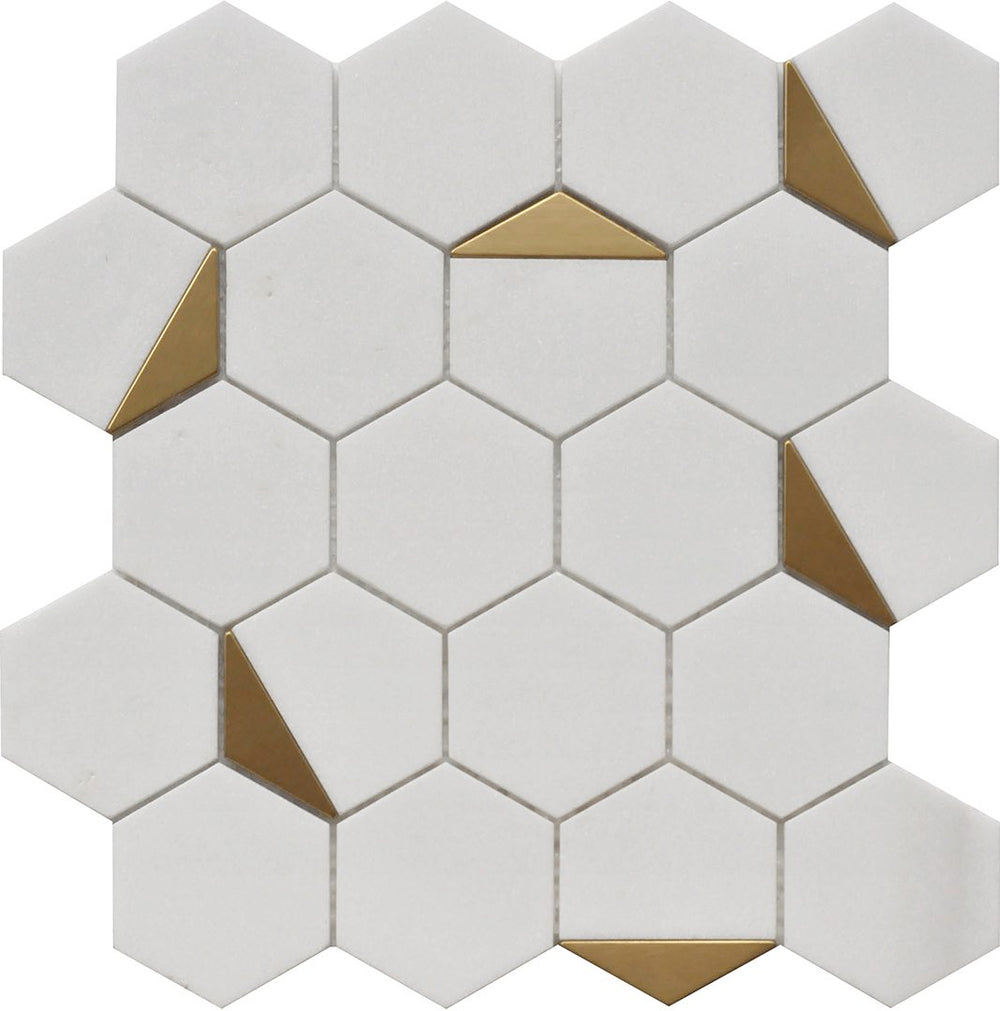 Inlay Brass Gold Thassos Hexagon Tile | Mineral Tiles